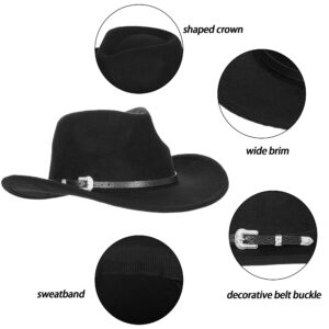 Western Felt Cowboy Cowgirl Hat - Wide Brim Panama Jazz Fedora Hat with Floral Engraved Buckle Belt Decoration 22.4" to 22.8" Black