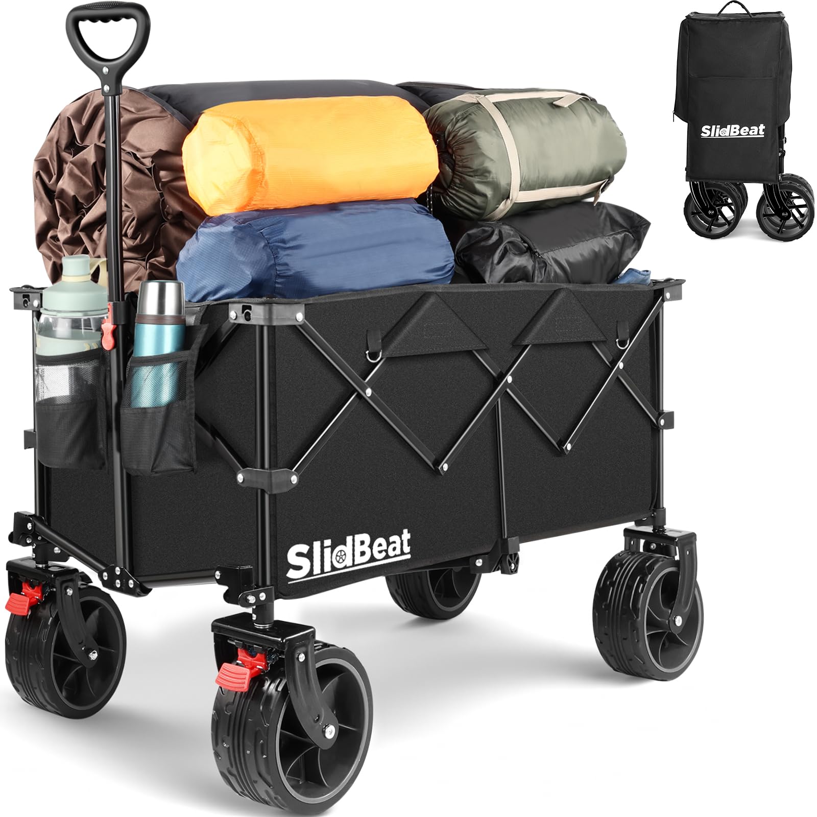 Collapsible Wagon with Big Wheels 220LBS - Collapsible Foldable Wagon - Wagons Carts Heavy Duty 220L Capacity - Camping Garden Cart with Drink Holders