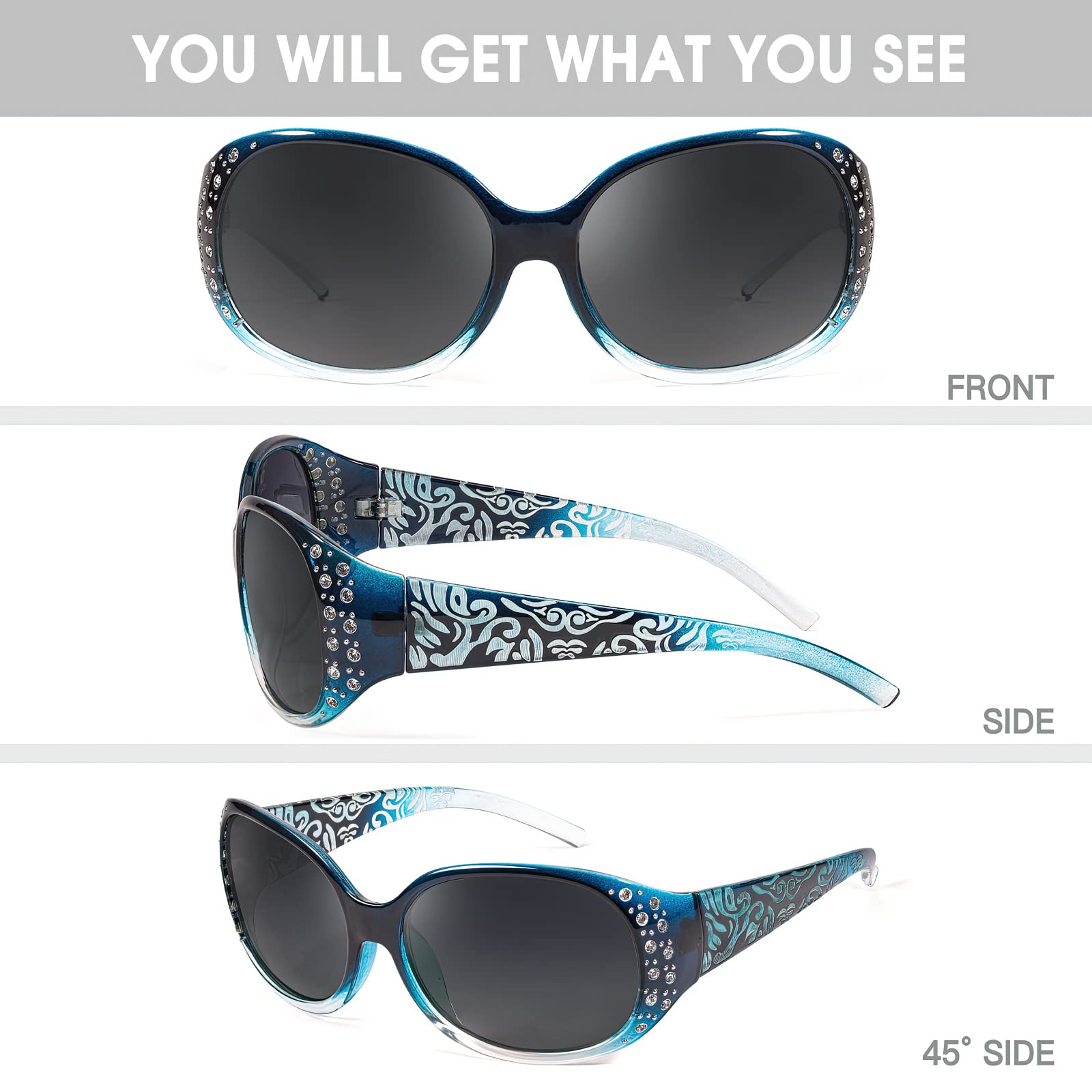 LVIOE Polarized Sunglasses for Women, Rhinestone Wrap Around Sunglasses with UV Protection Lens LS008