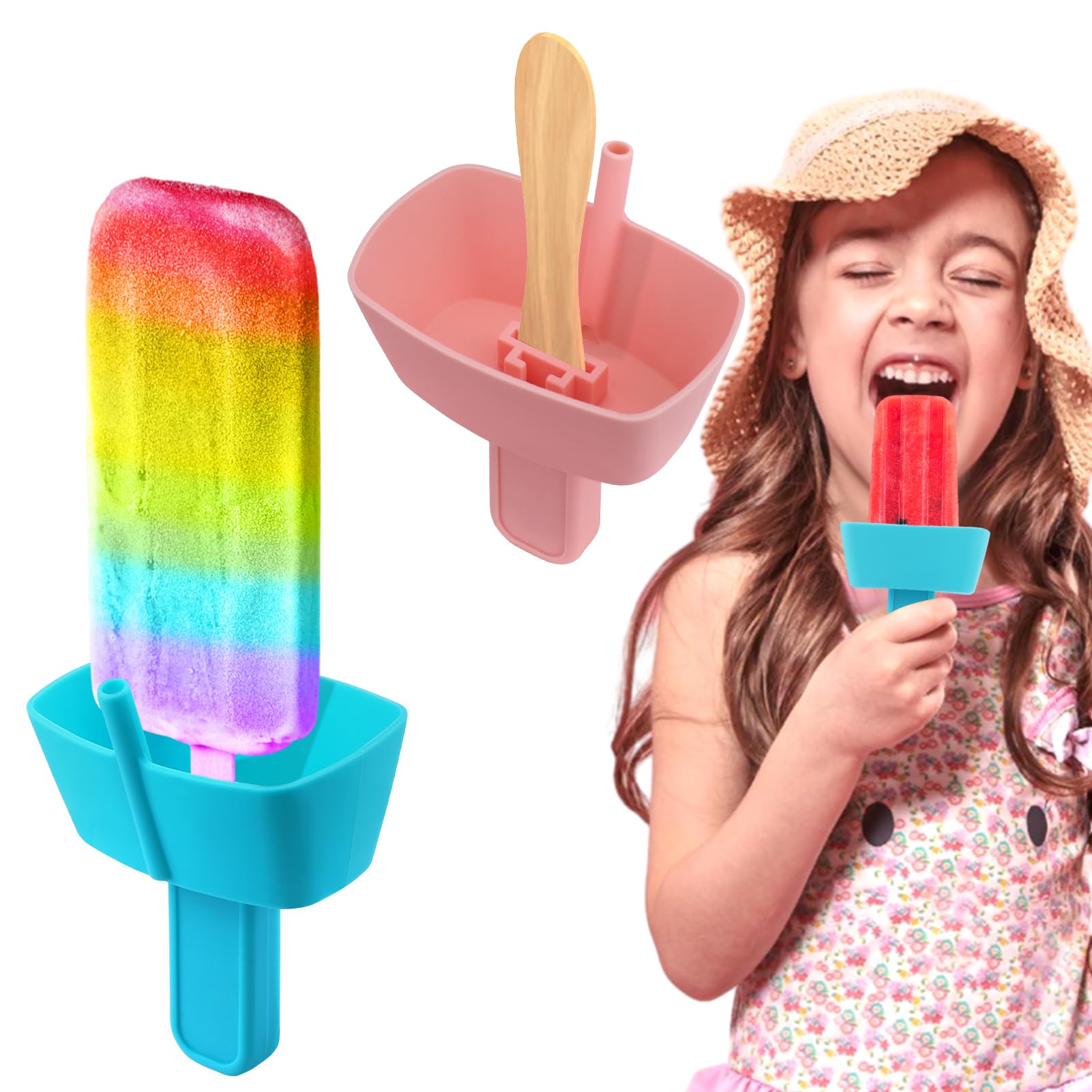 AIERSA 2PCS Silicone Popsicle Holders for Kids No Drip, Reusable Mess Free Ice Pop Stick Holder with Built in Straw for Sucking Up Melted Frozen Treats for Toddlers, Baby, Kids