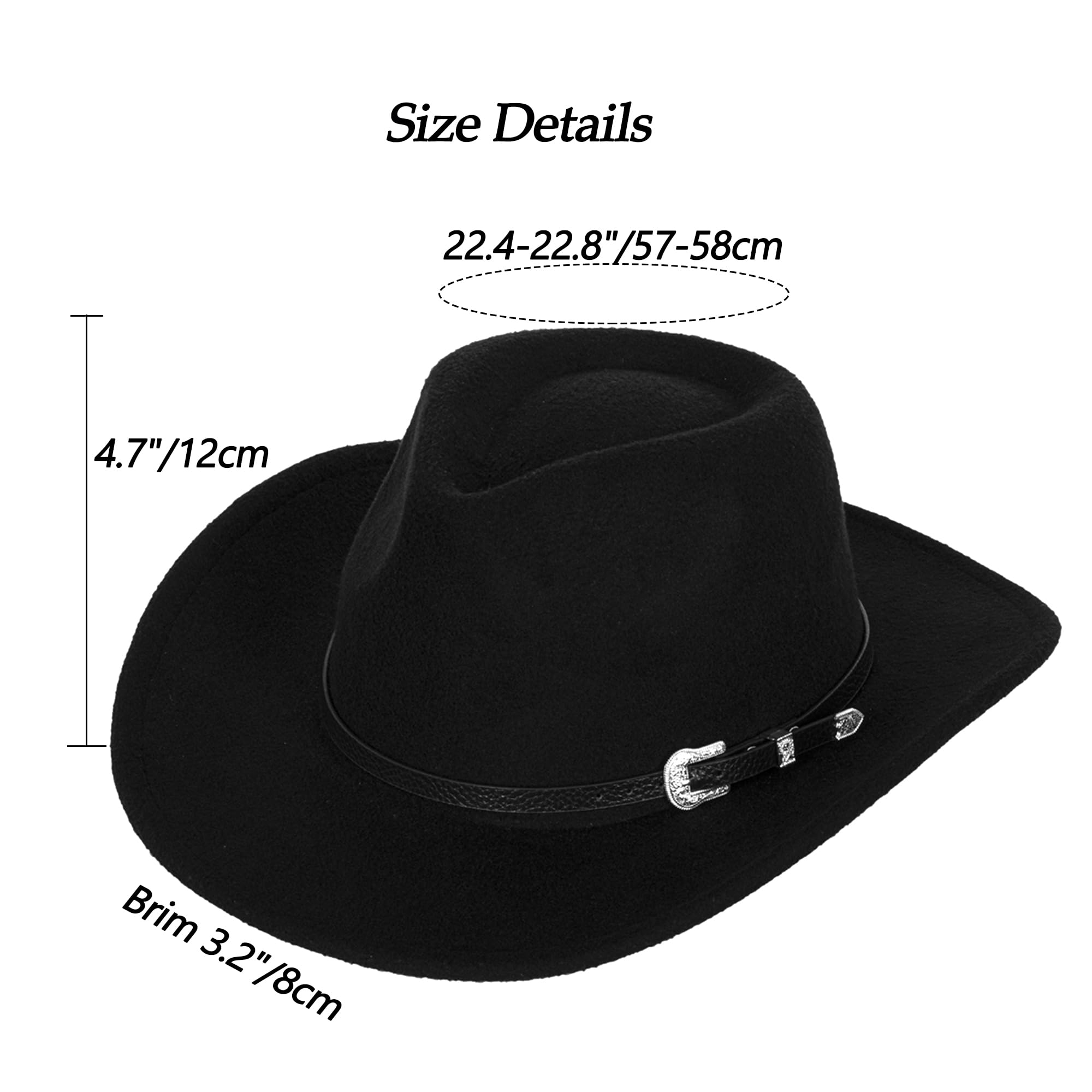 Western Felt Cowboy Cowgirl Hat - Wide Brim Panama Jazz Fedora Hat with Floral Engraved Buckle Belt Decoration 22.4" to 22.8" Black