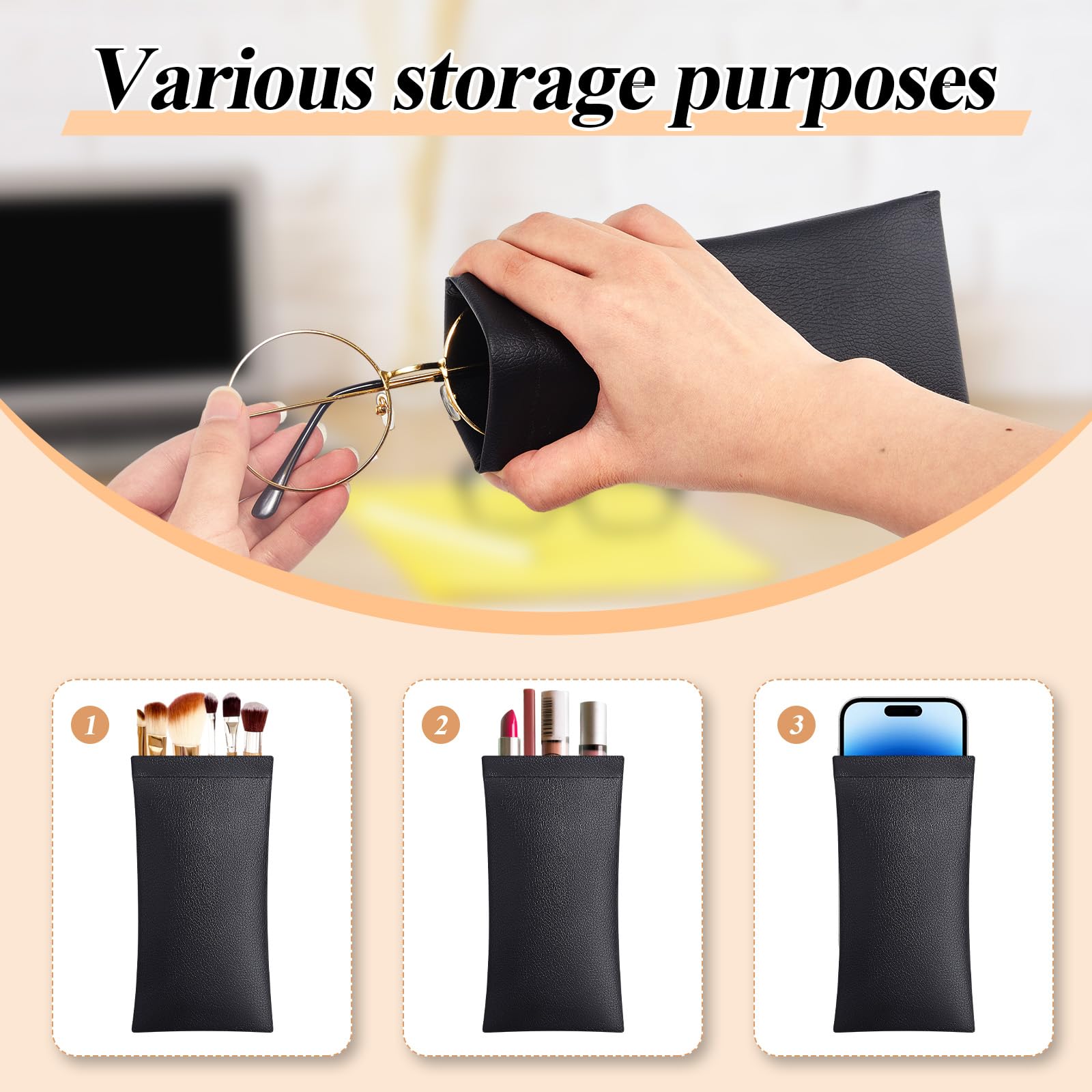 Xuhal 8 Pcs Leather Glasses Case Sunglasses Pouch Eyeglass Case Soft Squeeze Top Portable Travel Glasses Sleeve for Women Men (Black)