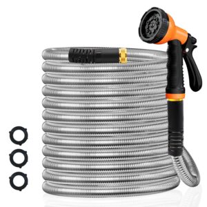 besiter garden hose 50ft stainless steel water hose with 10 functions adjustable spray nozzle, heavy-duty metal garden hose flexible durable no-tangle & kink leak dog proof hose for yard lawn(orange)