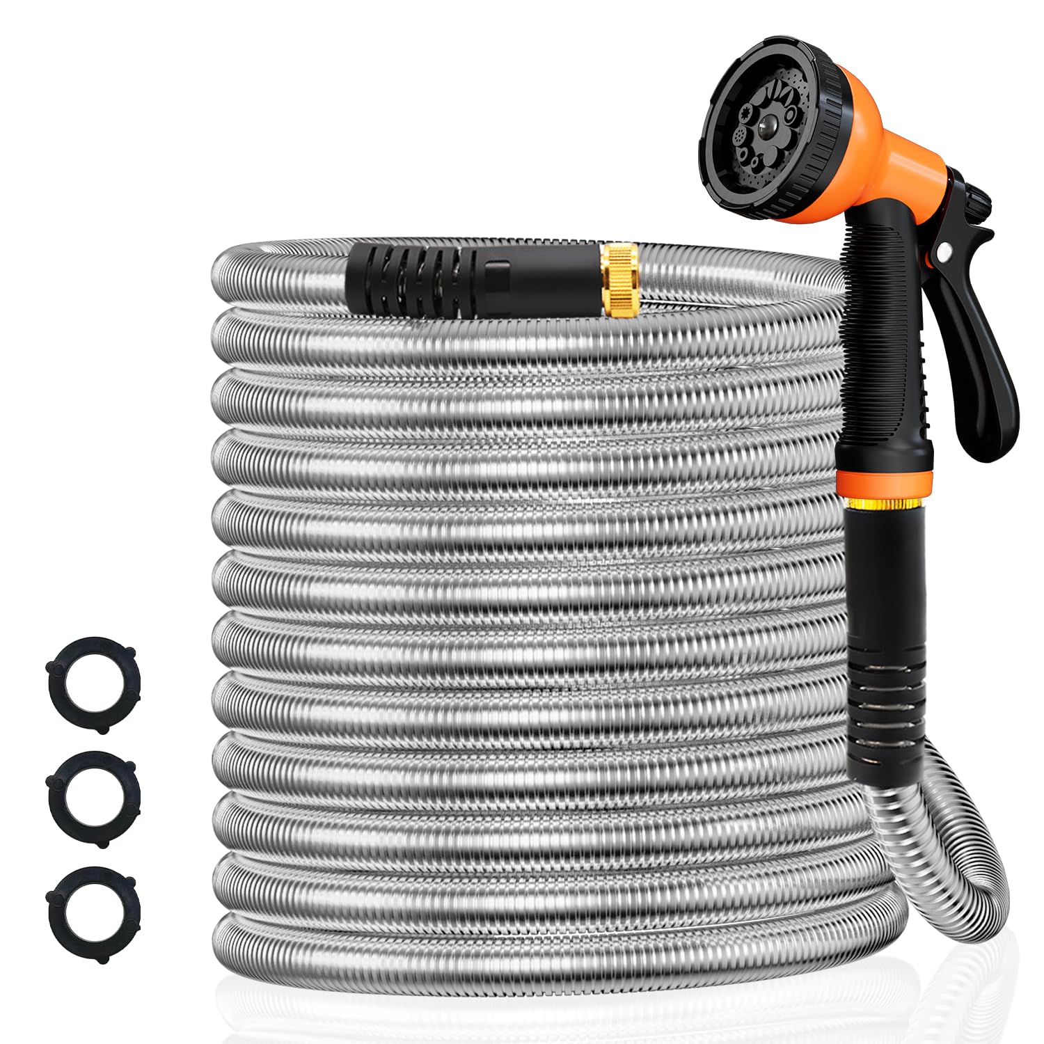 Besiter Garden Hose 50FT Stainless Steel Water Hose with 10 Functions Adjustable Spray Nozzle, Heavy-Duty Metal Garden Hose Flexible Durable No-Tangle & Kink Leak Dog Proof Hose for Yard Lawn(Orange)