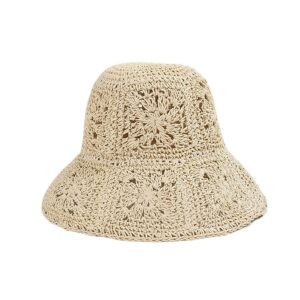 women straw sun hat floral woven crochet bucket hat y2k aesthetic accessories beach hat hand woven boho foldable cap (beige,one size)