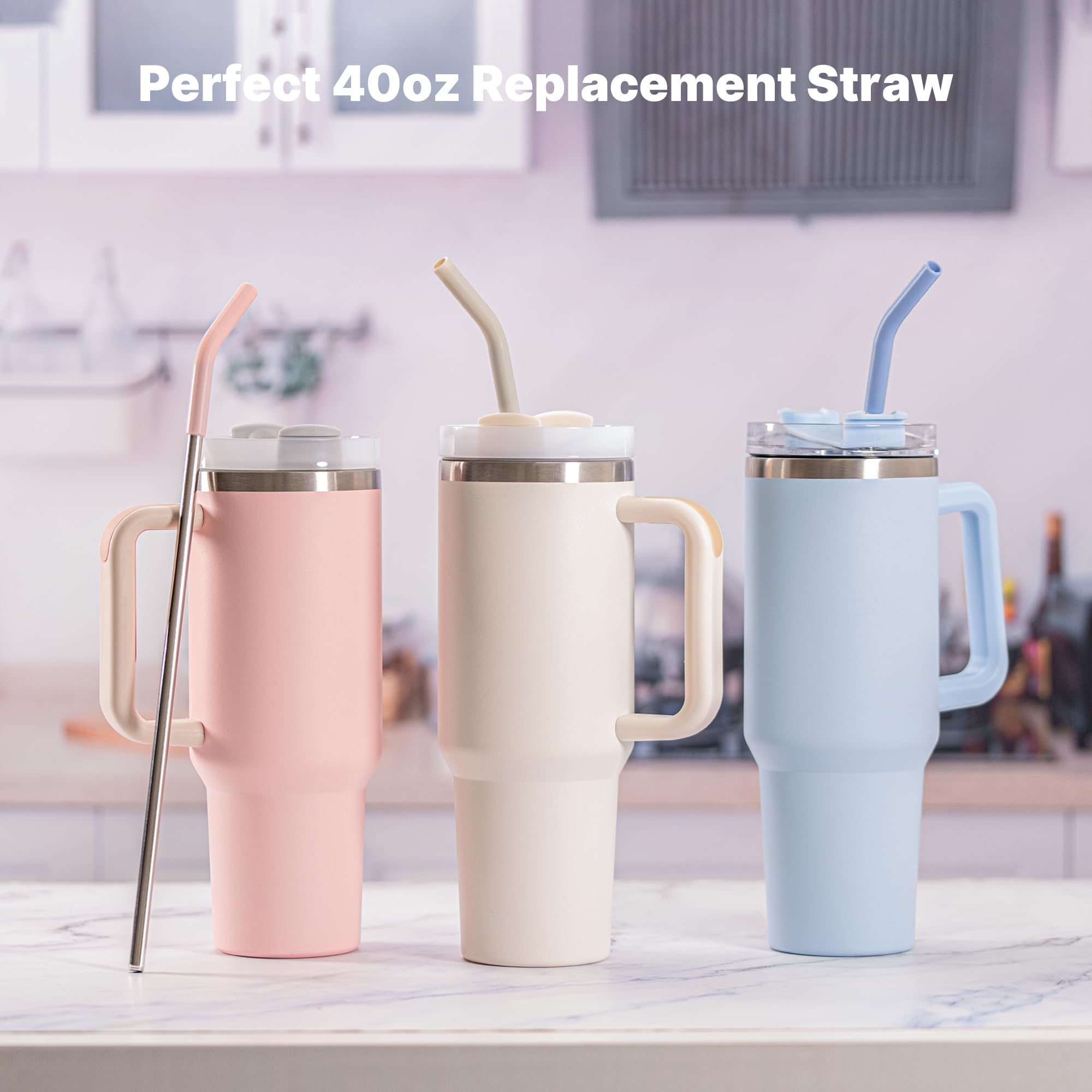 Bluwing Metal Straw with Silicone Tip for 40oz Stanley Cup, 2 Pcs Stainless Steel Straws Replacement for Stanley 40 oz 30 oz Adventure Quencher Travel Tumbler Cup, 1 Straw Brush (Cream Grey)