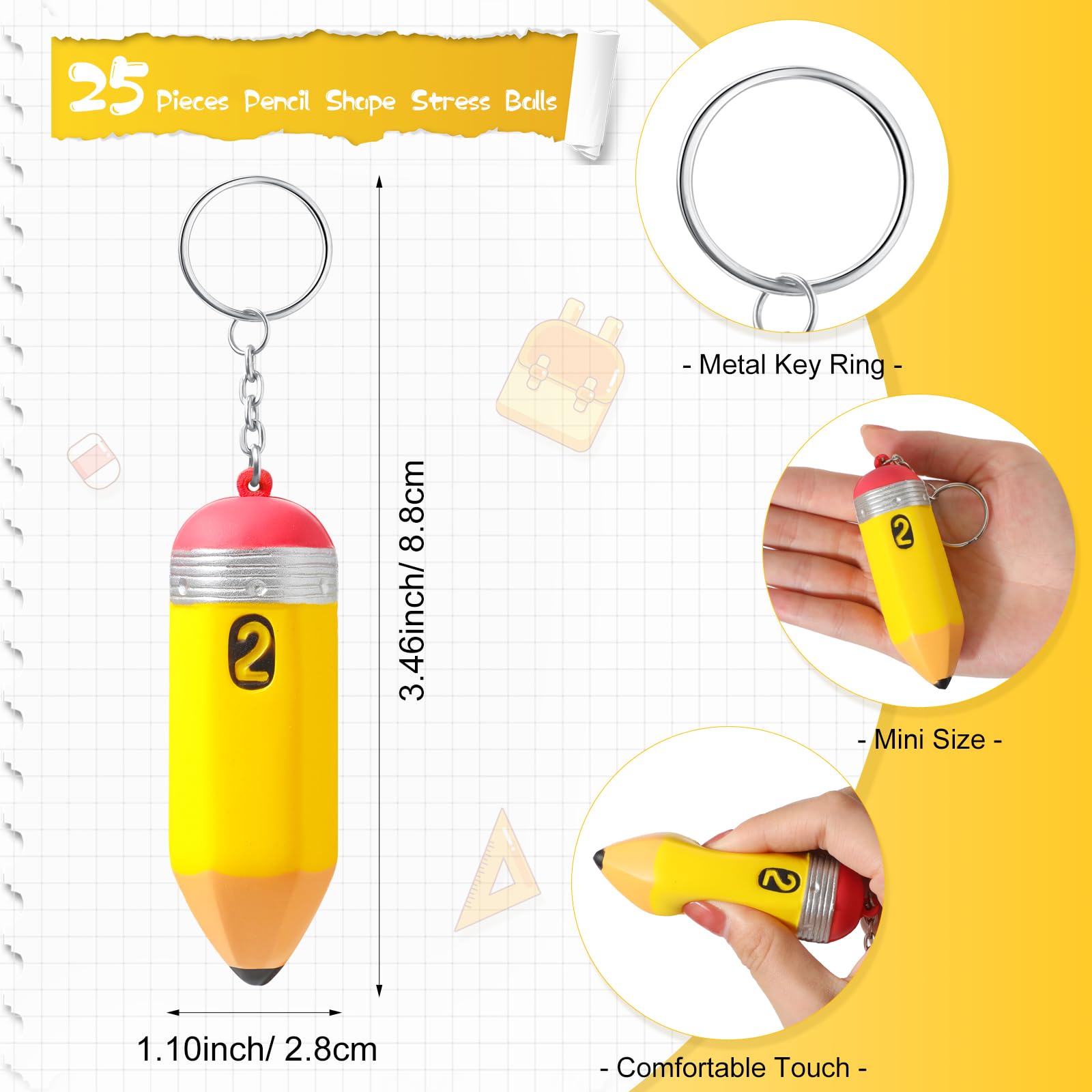 Huquary Back to School Gift Bulk for Teacher Cute Foam Squeeze Pencil Keychains First Day of School Gift for Party(25 Pcs)