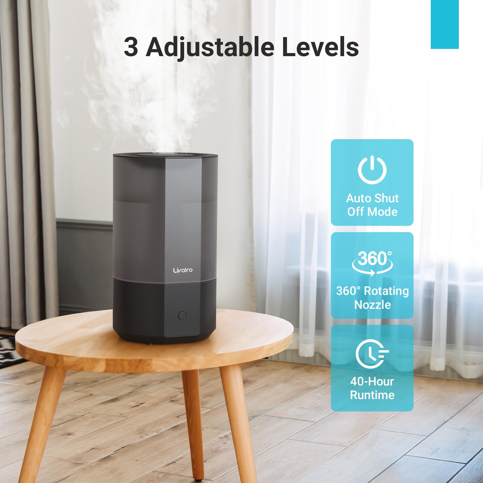 Livatro 4L Top Fill Humidifiers for Bedroom Large Room Nursery, Cool Mist Humidifier With Ultrasonic Quiet, Auto Shut-off and Easy to Clean, Last up to 40 Hours, Black