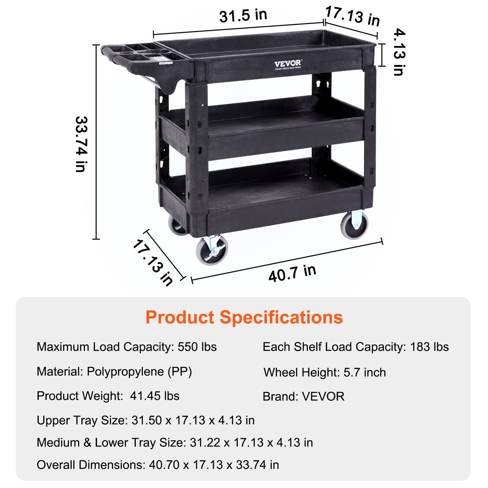 VEVOR Utility Service Cart, 3 Shelf 550LBS Heavy Duty Plastic Rolling Utility Cart with 360° Swivel Wheels (2 with Brakes), Medium Lipped Shelf, Ergonomic Storage Handle for Warehouse/Garage/Cleaning