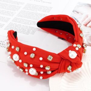 Atoden Red Wide Top Knot Headband with Pearl Rhinestone for Women's Hair Embellished Headbands Non Slip Sparkly Hair Bands Fashion Hair Accessories