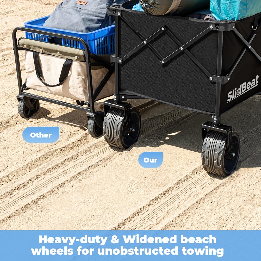 Collapsible Wagon with Big Wheels 220LBS - Collapsible Foldable Wagon - Wagons Carts Heavy Duty 220L Capacity - Camping Garden Cart with Drink Holders