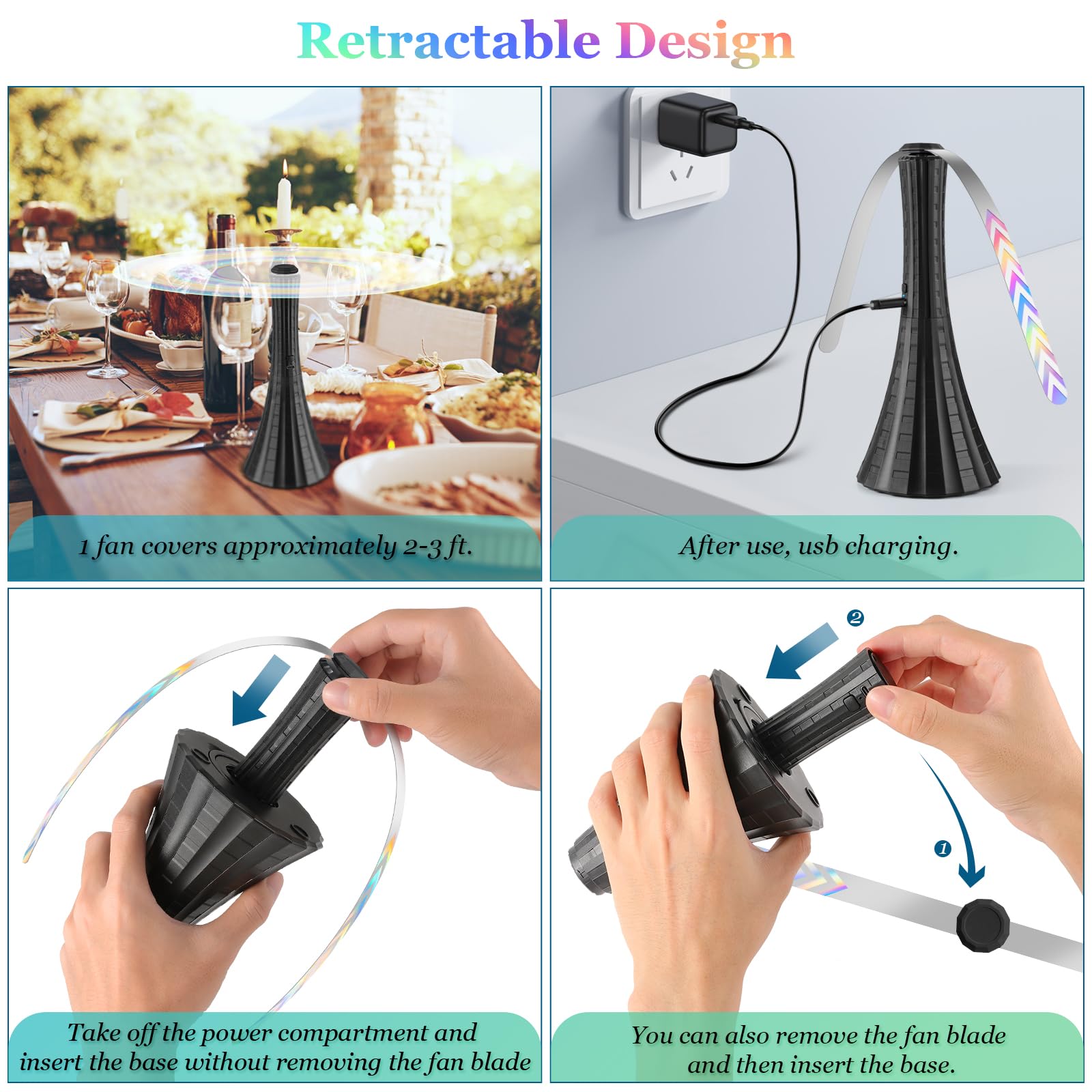 Fly Fans for Tables Rechargeable, Fly Fans for Outdoor Tables USB, Fly Repellent Fans to Keep Flies Away by Soft Blades, Food Fans for Camping, Picnic, Fishing, Fly Repellent Outdoor Patio,6PCS, Black