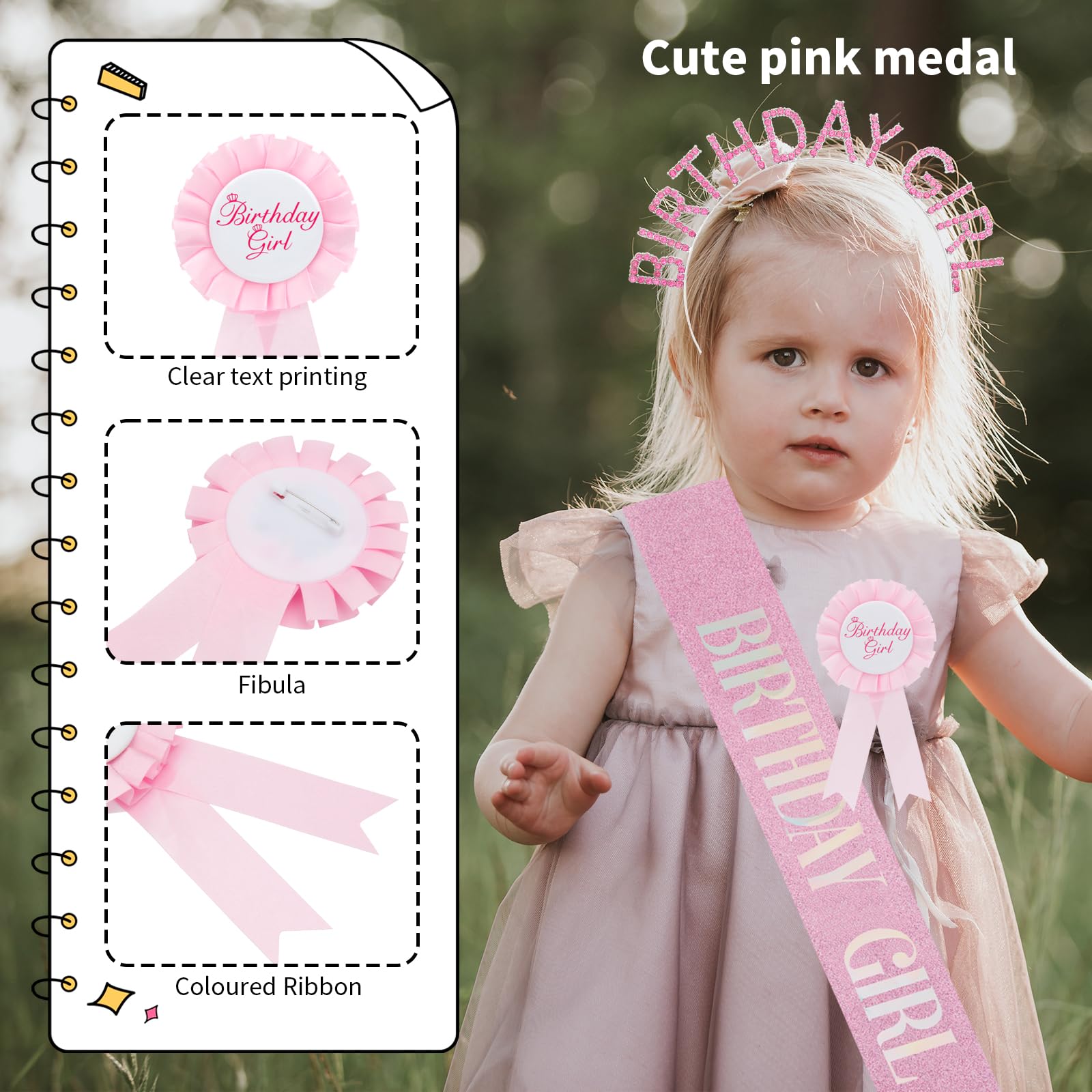 Birthday Celebration Set for Women's Special Occasion: Pink Sash, Rose Gold Hair Bands, Rhinestone Headband, Corsage & Sweet Happy Vibes