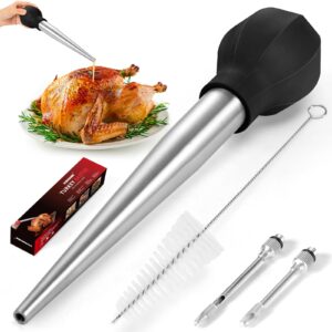 schvubenr large turkey baster with cleaning brush & needle - stainless steel baster tool for cooking - easy to use and clean - heavy duty baster syringe - flavor meat poultry, beef, chicken(black)