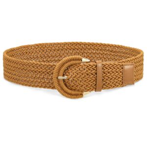 sansths women braided rattan wide belt woven waist belt with half-circle buckle for summer dress jeans pants,brown,m