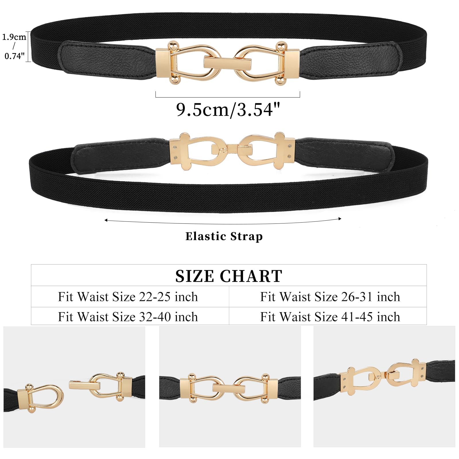 JASGOOD Women Skinny Elastic Belt for Dresses,Thin Retro Stretch Waist Belt with Golden Buckle 2 Pack,Black+White,Fit waist size 26-31 inch