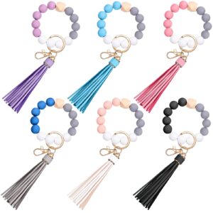 kigeli 6 pcs key ring bracelet portable car keychain holder wristlet key chain silicone women beaded bangle chain with tassel (classic color)