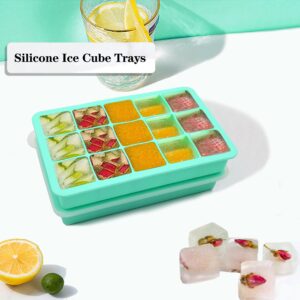 2 Pack Silicone Ice Cube Trays, Easy Release Flexible-15 Cubes Ice Cube Molds,Silicone Ice Cube Molds with Removable Lids for Cocktail, Whiskey, Baby Food, Chocolate-Reusable (Mint Green)