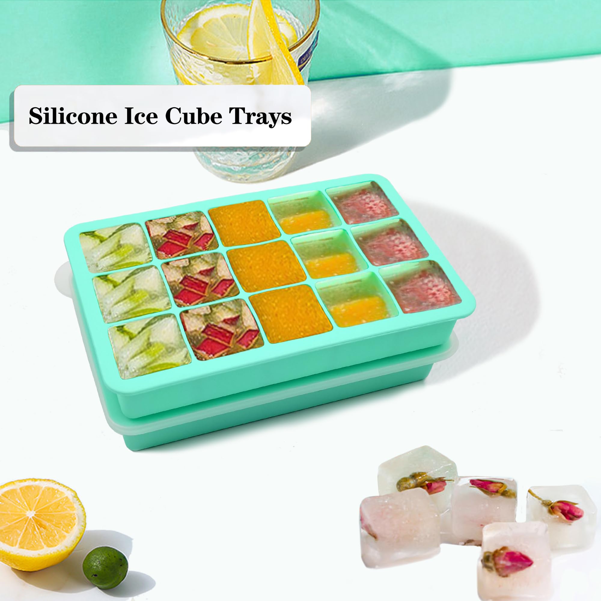 2 Pack Silicone Ice Cube Trays, Easy Release Flexible-15 Cubes Ice Cube Molds,Silicone Ice Cube Molds with Removable Lids for Cocktail, Whiskey, Baby Food, Chocolate-Reusable (Mint Green)