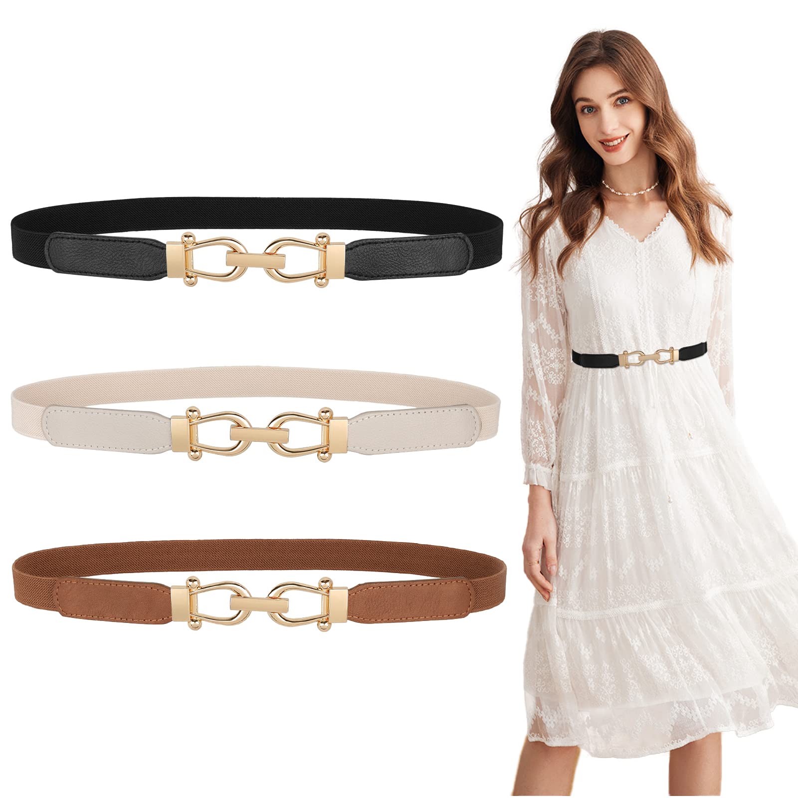 JASGOOD Women Skinny Elastic Belt for Dresses,Thin Retro Stretch Waist Belt with Golden Buckle 2 Pack,Black+White,Fit waist size 26-31 inch