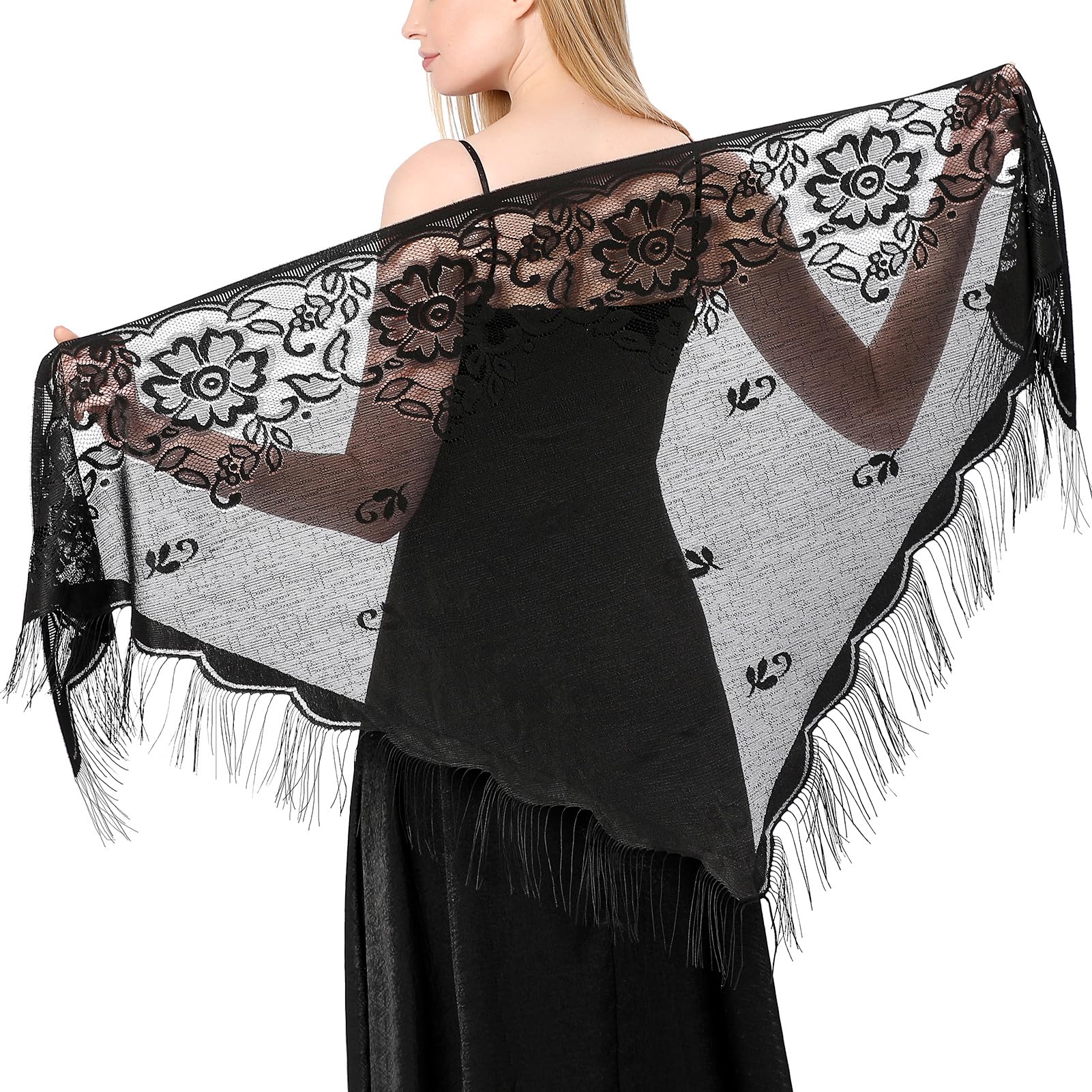 Ladiery Triangle Lace Shawls and Wraps for Evening Dresses with Tassels for Evening Party Mesh Wedding Shawls