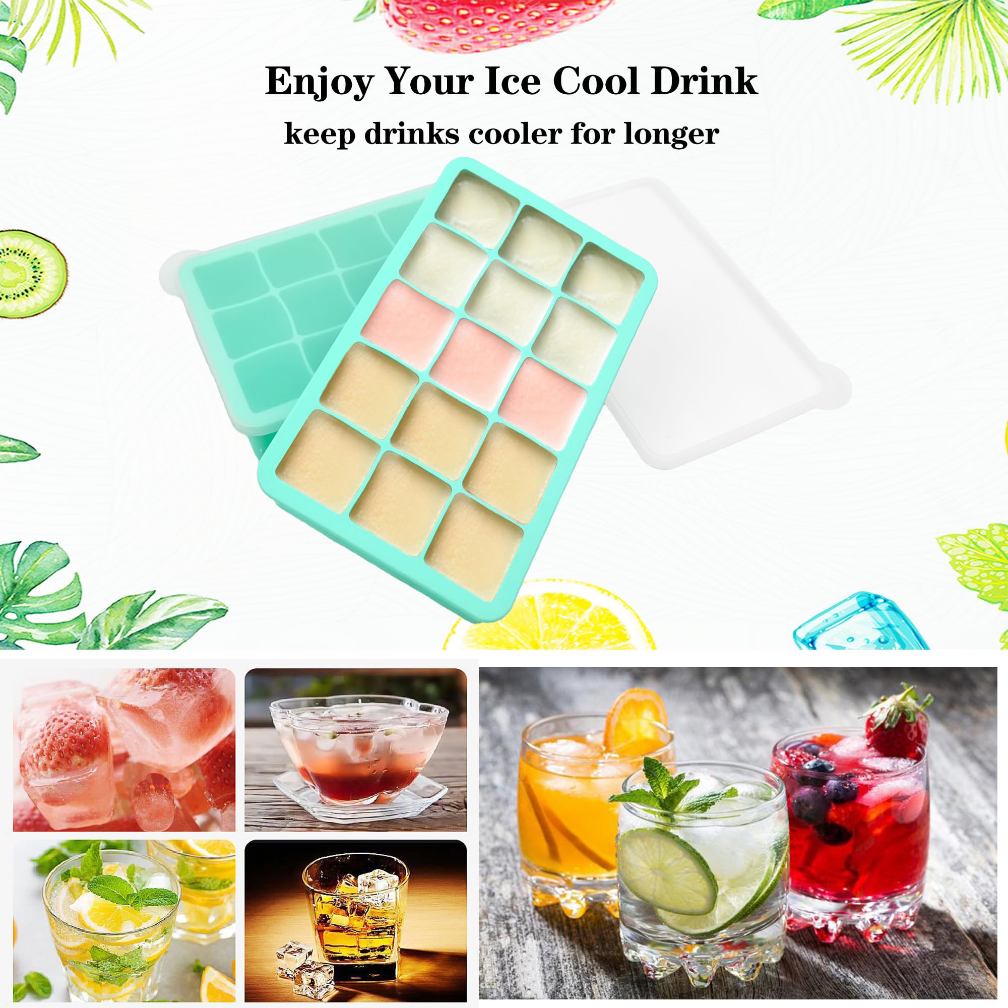 2 Pack Silicone Ice Cube Trays, Easy Release Flexible-15 Cubes Ice Cube Molds,Silicone Ice Cube Molds with Removable Lids for Cocktail, Whiskey, Baby Food, Chocolate-Reusable (Mint Green)