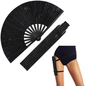 ripeng 13" glitter large rave folding hand fan clack rave fan for women with leg strap and fabric case bag for dance, edm(black)