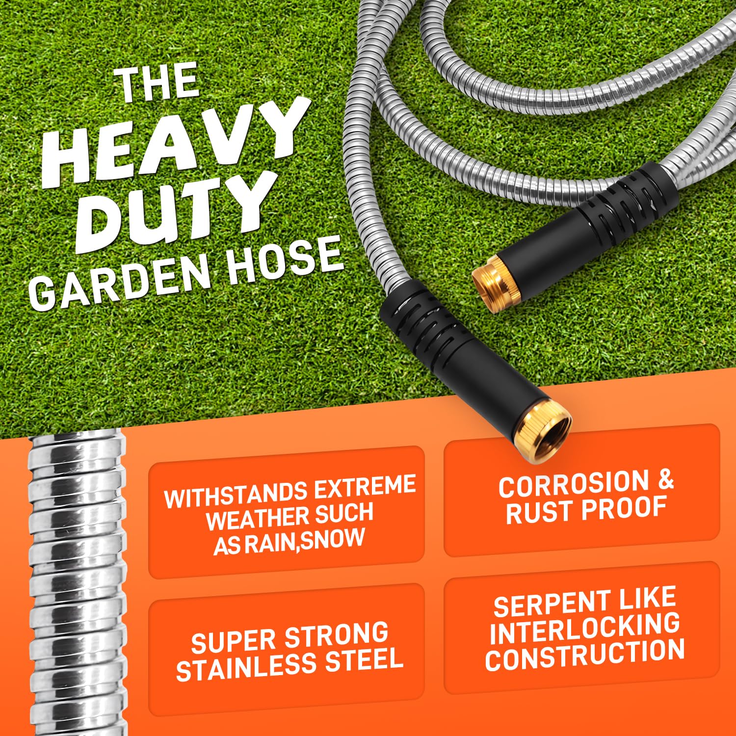 Besiter Garden Hose 50FT Stainless Steel Water Hose with 10 Functions Adjustable Spray Nozzle, Heavy-Duty Metal Garden Hose Flexible Durable No-Tangle & Kink Leak Dog Proof Hose for Yard Lawn(Orange)