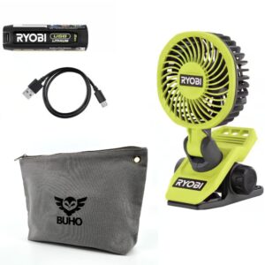 buho clamp fan accessory bundle - ryobi usb fan powerful cooling adjustable head multi-directional airflow 2 speed settings 135 cfm 7 hours runtime clamping capacity zipper pouch