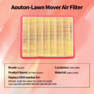 Aouton 951-15245 Air Filter for MTD 751-15245 Cub Cadet 490-200-M065 159cc 1X65 5X65 6X65 8X65 Engines 196cc 5X70 6X70 7X70 SC 700 E Self Propelled Troy-Bilt TB230 Engine Lawn Mower