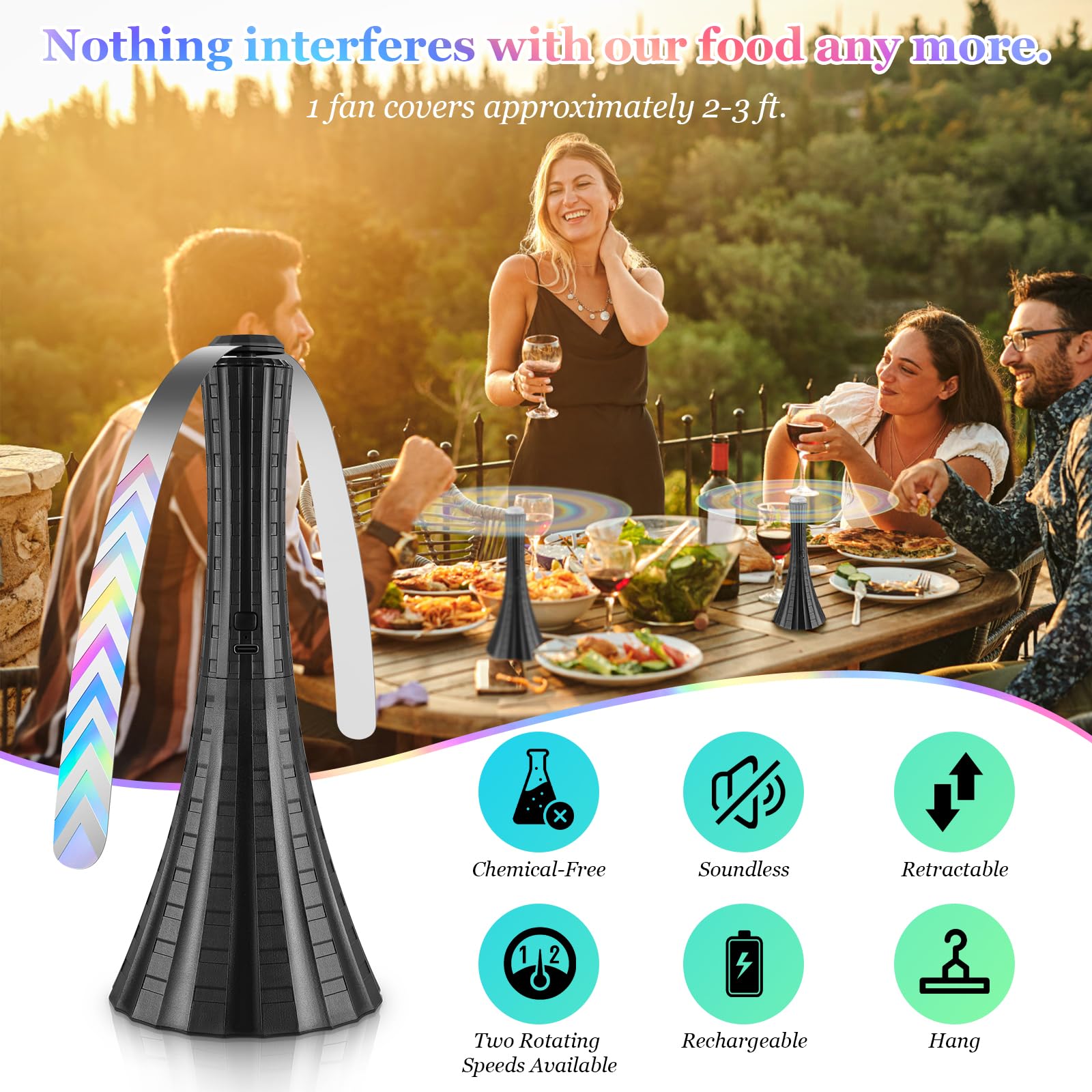 Fly Fans for Tables Rechargeable, Fly Fans for Outdoor Tables USB, Fly Fans to Keep Flies Away by Soft Blades, Food Fans for Camping, Picnic, Fishing, 4PCS, Black