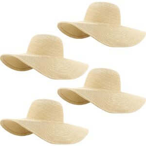 sintuff 4 pcs women's wide brim straw hats big floppy foldable roll up cap beach sun hat upf 50+ for summer(beige, simple)