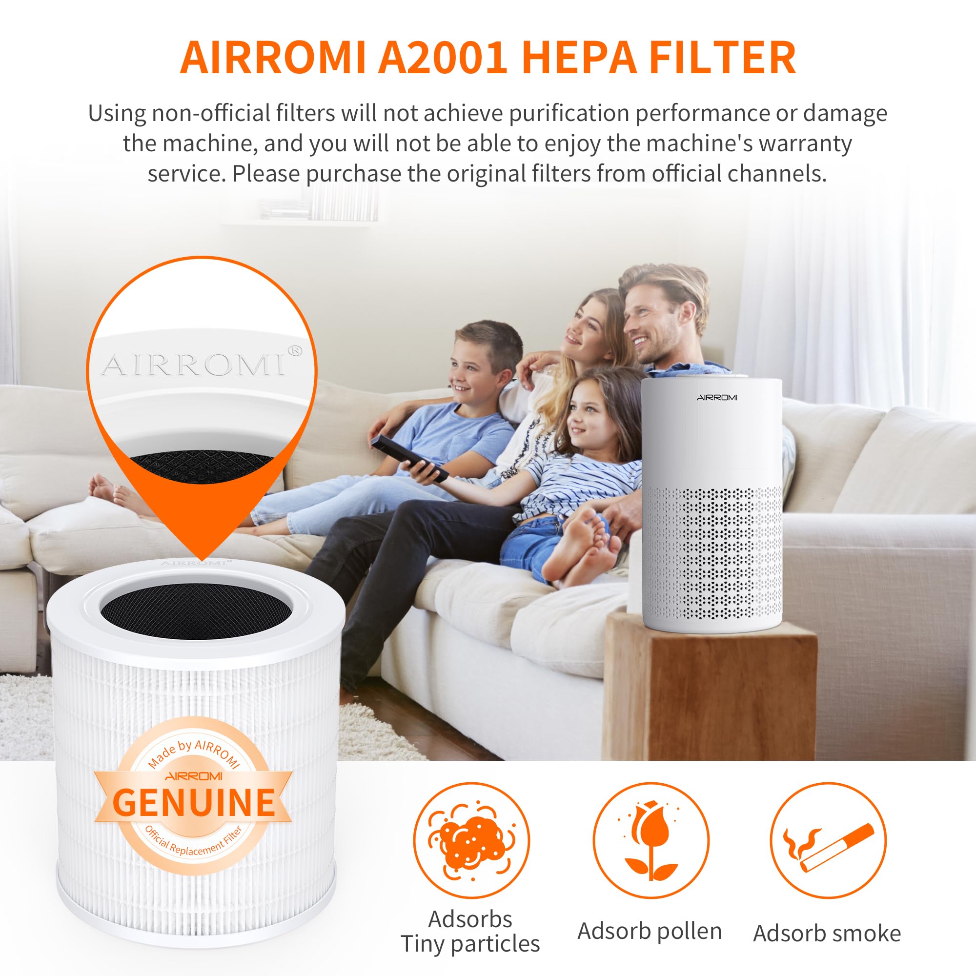 AIRROMI A2001 HEPA Air Purifier Replacement Filter, 3-In-1 Original Filter, Remove 99.97% of 0.3 Micron Particle 1 Pack White Activated Carbon