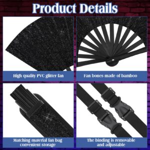 Ripeng 13" Glitter Large Rave Folding Hand Fan Clack Rave Fan for Women with Leg Strap and Fabric Case Bag for Dance, Edm(Black)