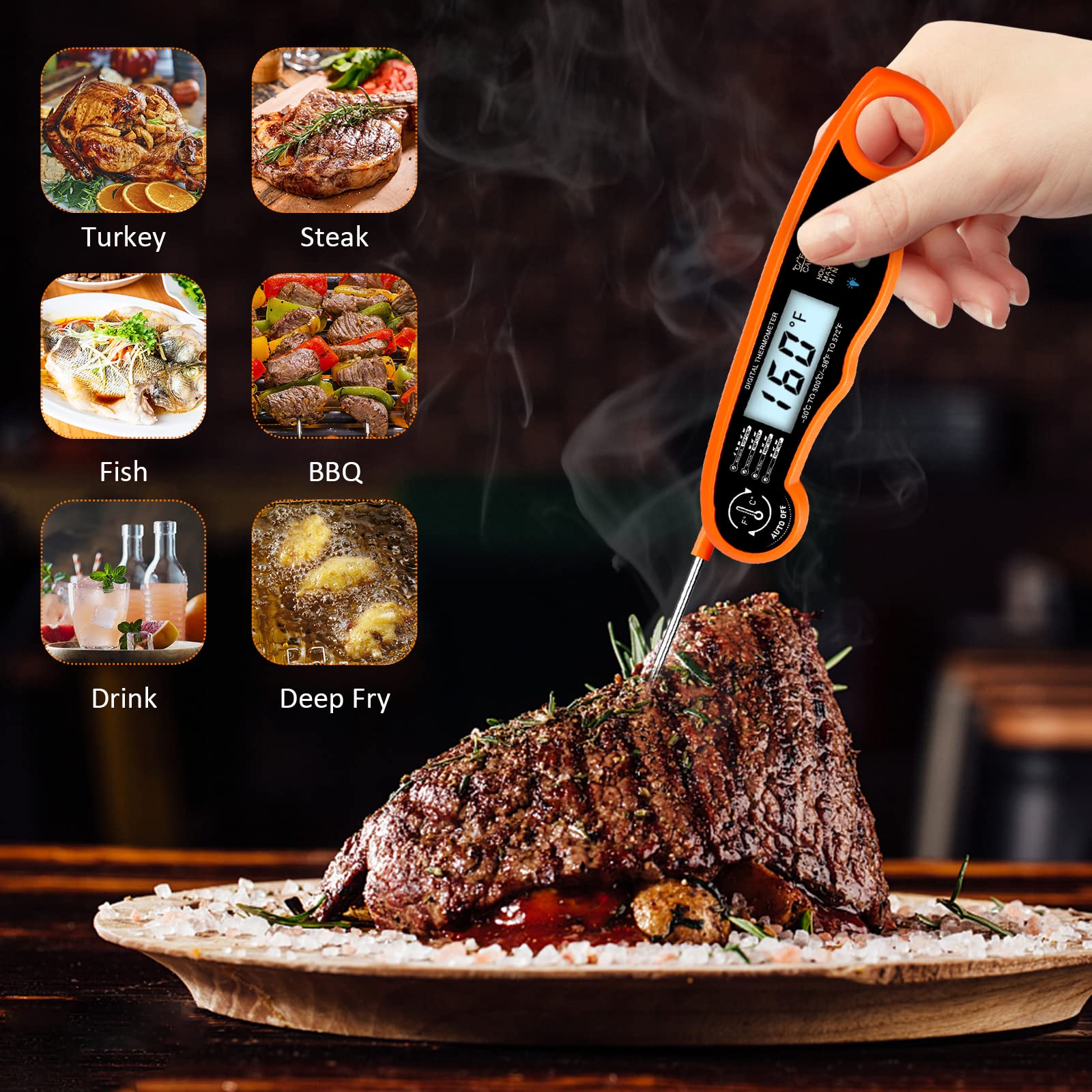 Engsav Meat Thermometer,Digital Food Thermometer for Kitchen, Cooking, Grilling, Turkey, Steak, Wireless Temperature Probe with Calibration and Backlight Instant Read Thermometer