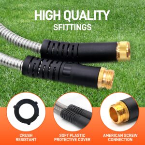 Besiter Garden Hose 50FT Stainless Steel Water Hose with 10 Functions Adjustable Spray Nozzle, Heavy-Duty Metal Garden Hose Flexible Durable No-Tangle & Kink Leak Dog Proof Hose for Yard Lawn(Orange)