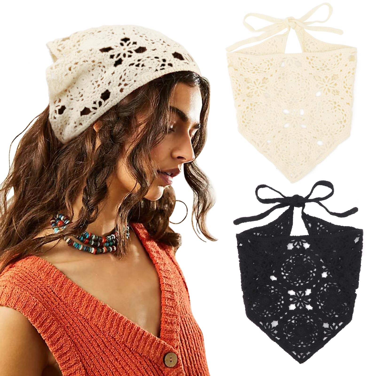 DRESHOW Floral Crochet Hair Bandana 2 PCS Tie Knotted Headscarf Vintage Headband Knitted Head Kerchief for Women&Girls