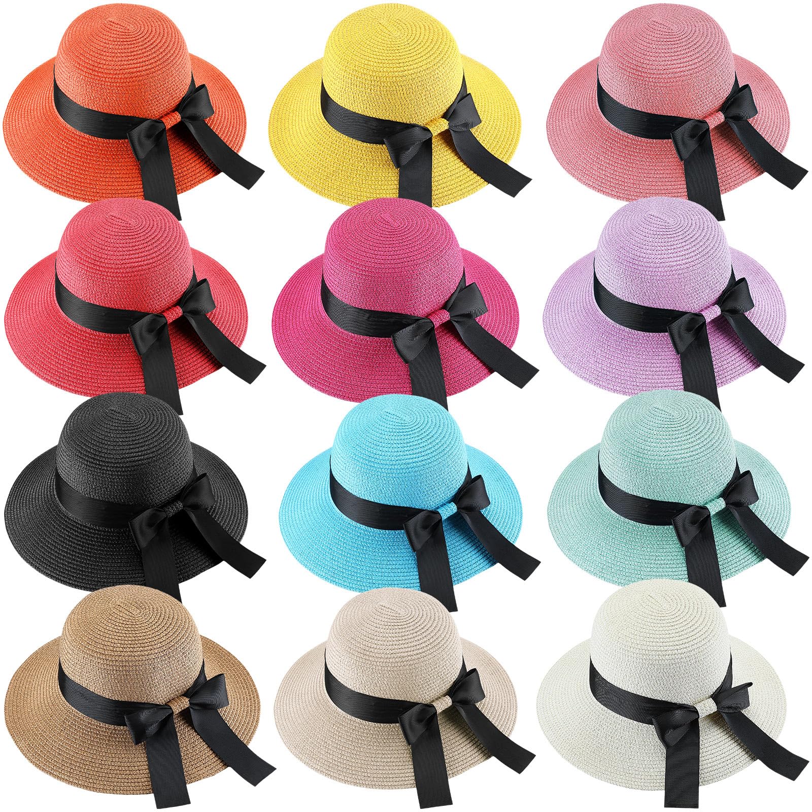 Pasimy 12 Pcs Women Straw Sun Hats with Bowknot Panama Wide Brim Roll up Hat for Women Girls Foldable Floppy Hat Summer Cap for Beach Travel Outdoor Pool Multicolor