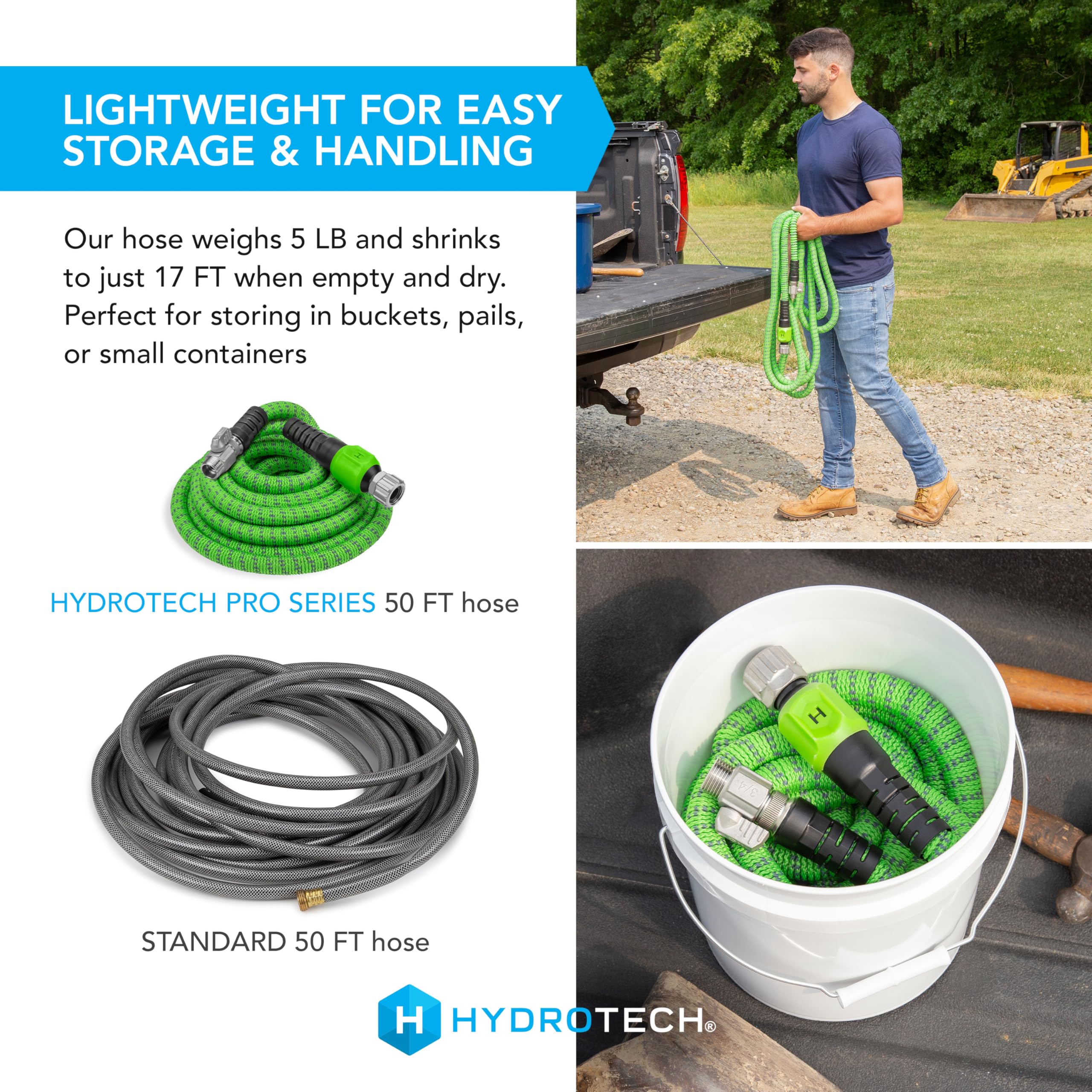 HydroTech 50ft Pro Series 3/4" Expandable Burst Proof Garden Max Flow Hose – Lightweight & Durable – Features Flow-Control Shut-Off & Strain Relief Guard (50 Feet)