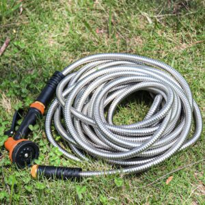 Besiter Garden Hose 50FT Stainless Steel Water Hose with 10 Functions Adjustable Spray Nozzle, Heavy-Duty Metal Garden Hose Flexible Durable No-Tangle & Kink Leak Dog Proof Hose for Yard Lawn(Orange)