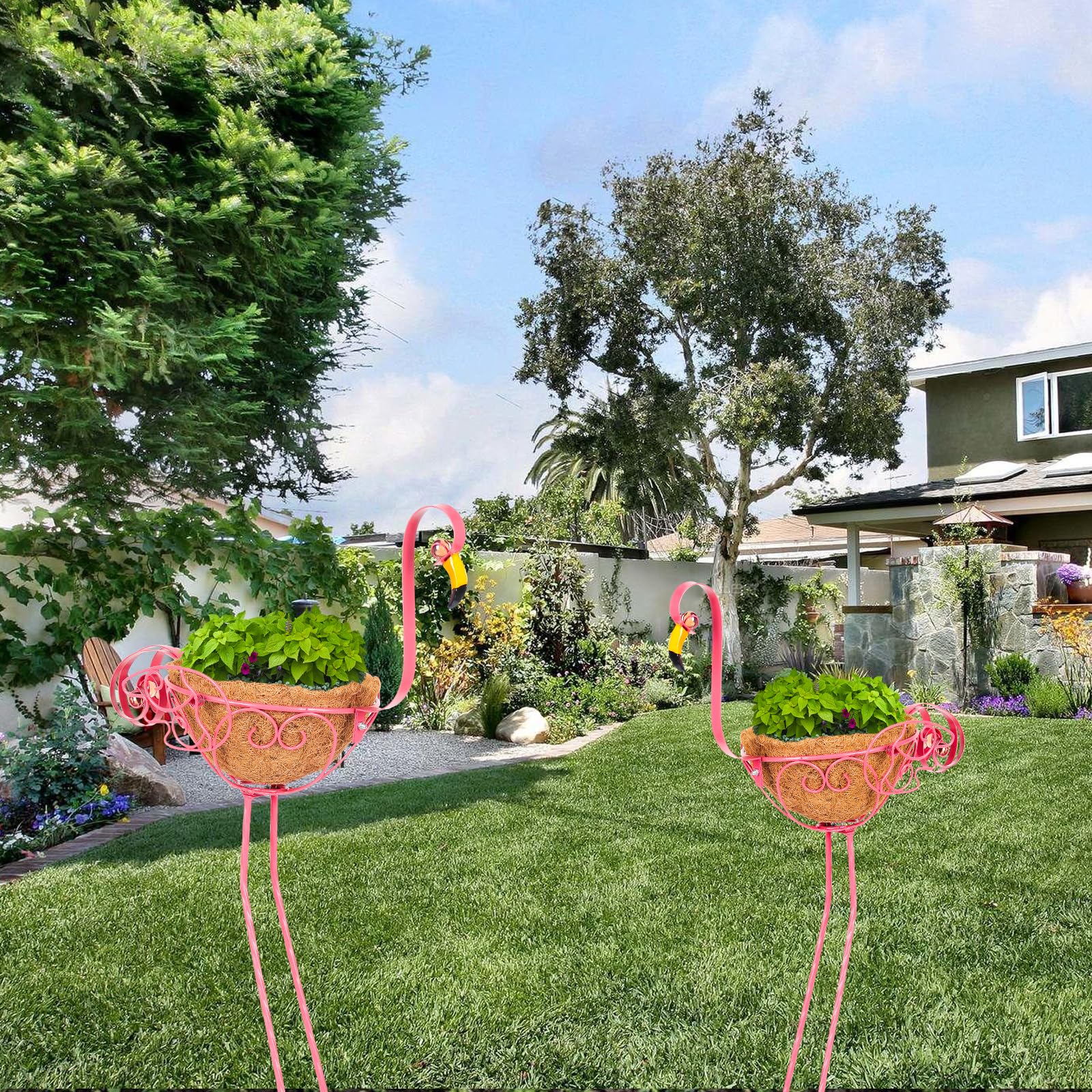 Kikth Set of 2 Pink Metal Flamingo Planters with Basket for Indoor Outdoor Garden Yard Decor