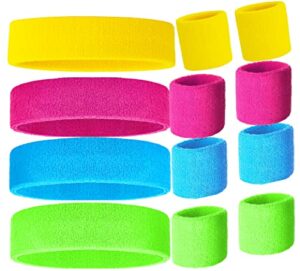 80s sweatbands neon sweatbands set includes pink, blue, yellow and green headband and wristbands, sweat bands headbands for women with matching wristbands, sweatbands for women for halloween costumes