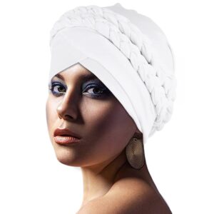 african women turban caps beanie twist headscarf pre tied double braid headwrap hat (white)