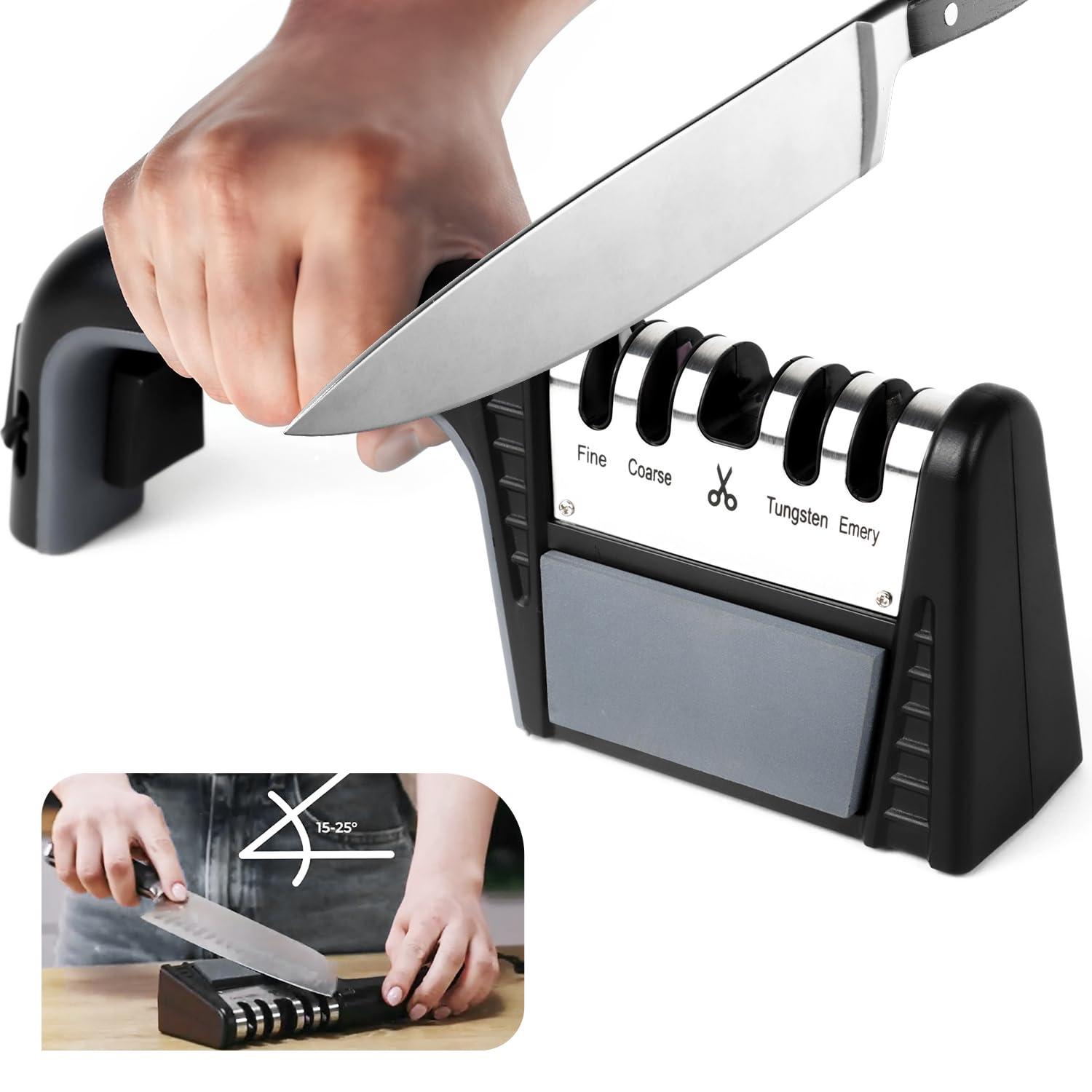 4 Stage Knife Sharpener Tool with Professional 800 Grit Whetstone, Premium Kitchen Knife Sharpener, Manual Knife Sharpener, Blade Sharpener, Scissor Sharpener, Chef Knife Sharpener