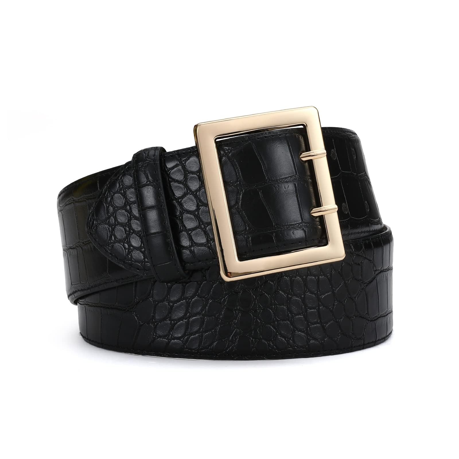 RISANTRY Women's Black Wide Belts, Black Leather Waist Belts for Women, Faux Leather Belt With Gold Buckle for Dresses