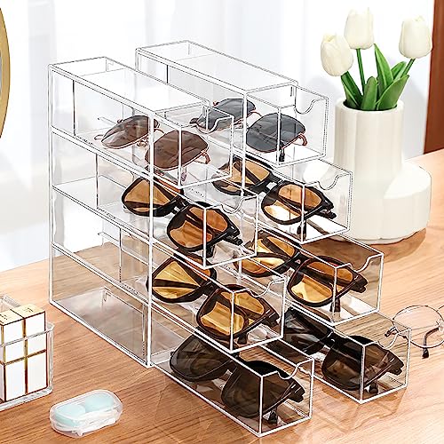 Nicunom 2 Pack Sunglasses Organizer Acrylic, Clear Eyeglasses Case with 4 Drawers, Eyewear Storage Display Case, Stackable Eyeglasses Holder for Women & Men Eyewear