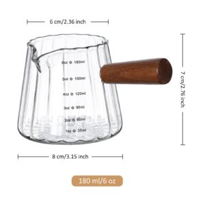 Joeyan 6 oz Glass Measuring Cups with Spout,Borosilicate Glass Triple Pitcher with Scale,Origami Style Espresso Shot Glasses with Wood Handle for Coffee Milk,Dishwasher Safe