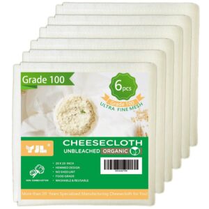 yjl organic cheese cloths grade 100, 6 pcs 20x20 inch, hemmed unbleached cheesecloth for straining, ultra fine reusable cheesecloth for cooking, roasting, cheese making, steaming