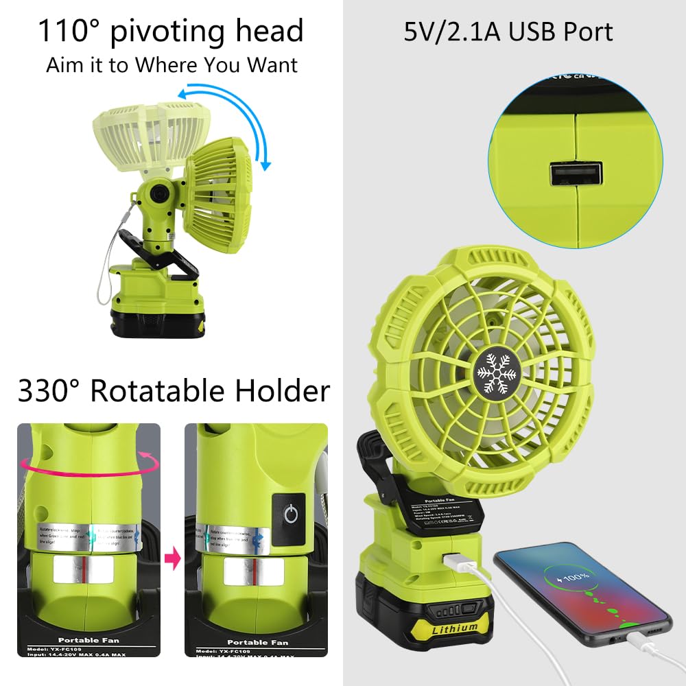 Philophca Portable Clip on Fan Cordless, Personal Battery Operated Fan for Ryobi 18V One+ Lithium Battery 3 Speed Camping Fan with USB Port 330° & 110° Pivoting Rechargeable Fan Powerful Wind