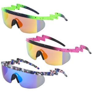 tongcloud 3 pair unisex retro neon retro semi rimless sunglasses 80s 90s zigzag sunglasses lens rainbow sunglasses sport semi rimless sunglasses for men women (cool color)